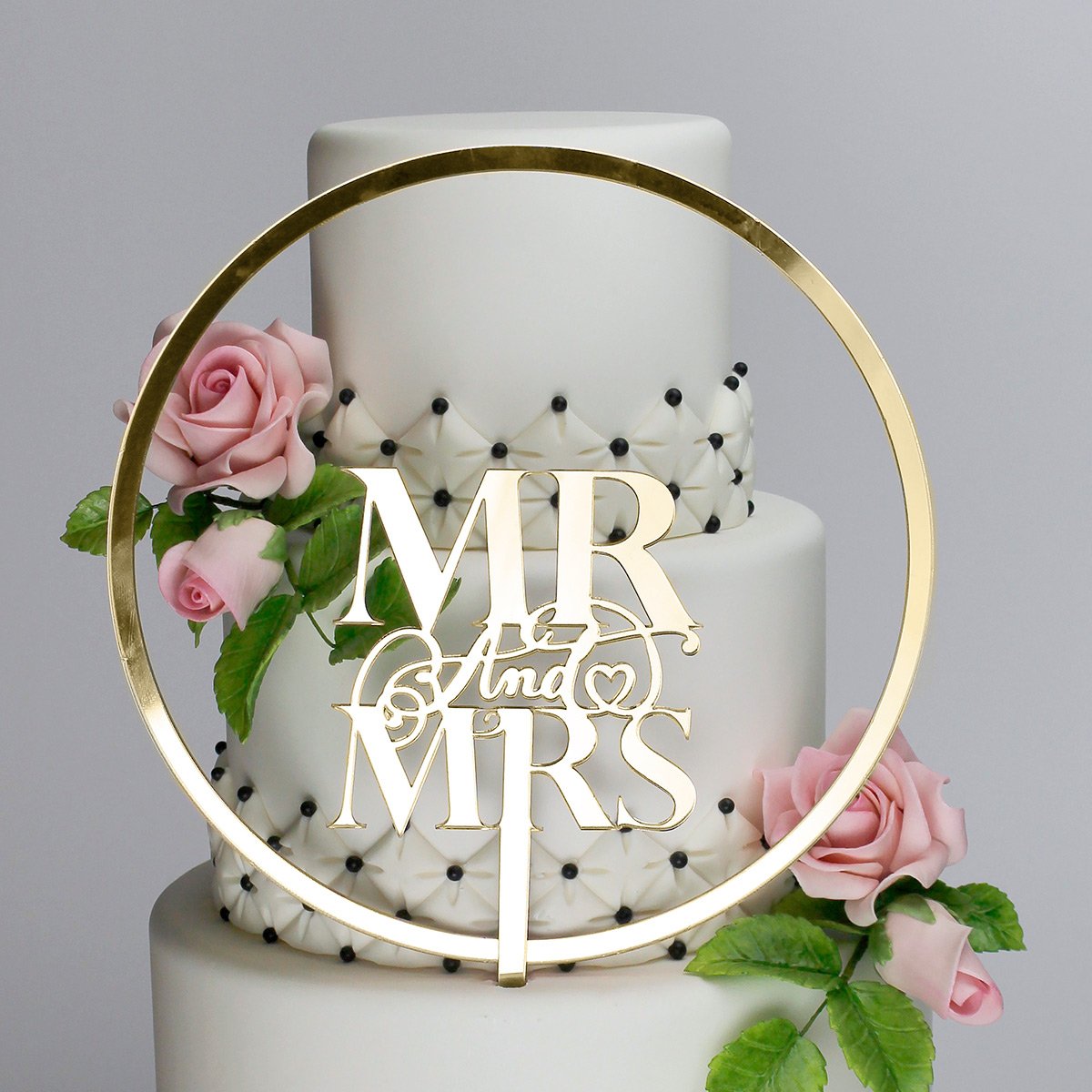 Elegant Mr & Mrs and Large Flower Hoop Mirror Gold Cake Topper Set ...